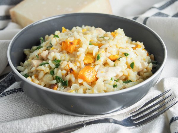 Butternut squash risotto with chicken and arugula - Caroline's Cooking
