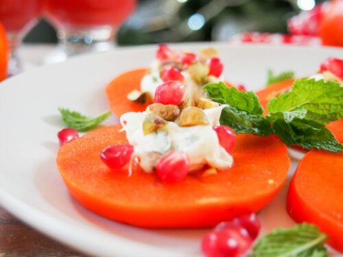 Easy persimmon appetizer with minted mascarpone - Caroline's Cooking