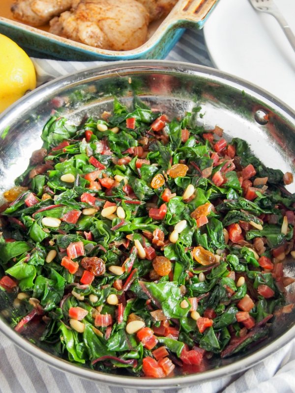 Sauteed Swiss chard with raisins & pine nuts - Caroline's Cooking