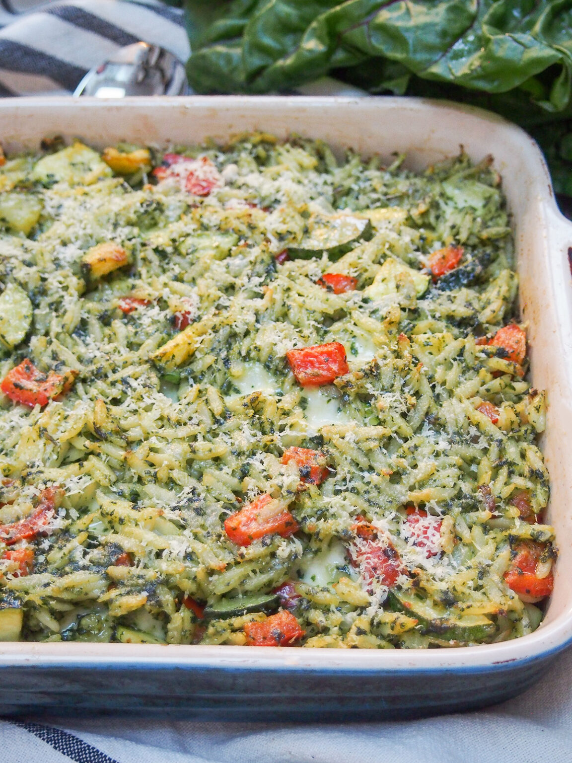 Creamy chard pesto baked orzo - Caroline's Cooking