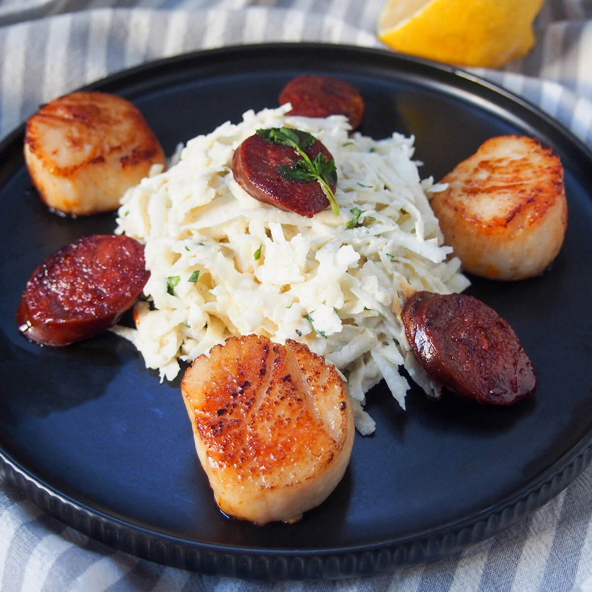 Celeriac remoulade, pan seared scallops and chorizo - Caroline's Cooking